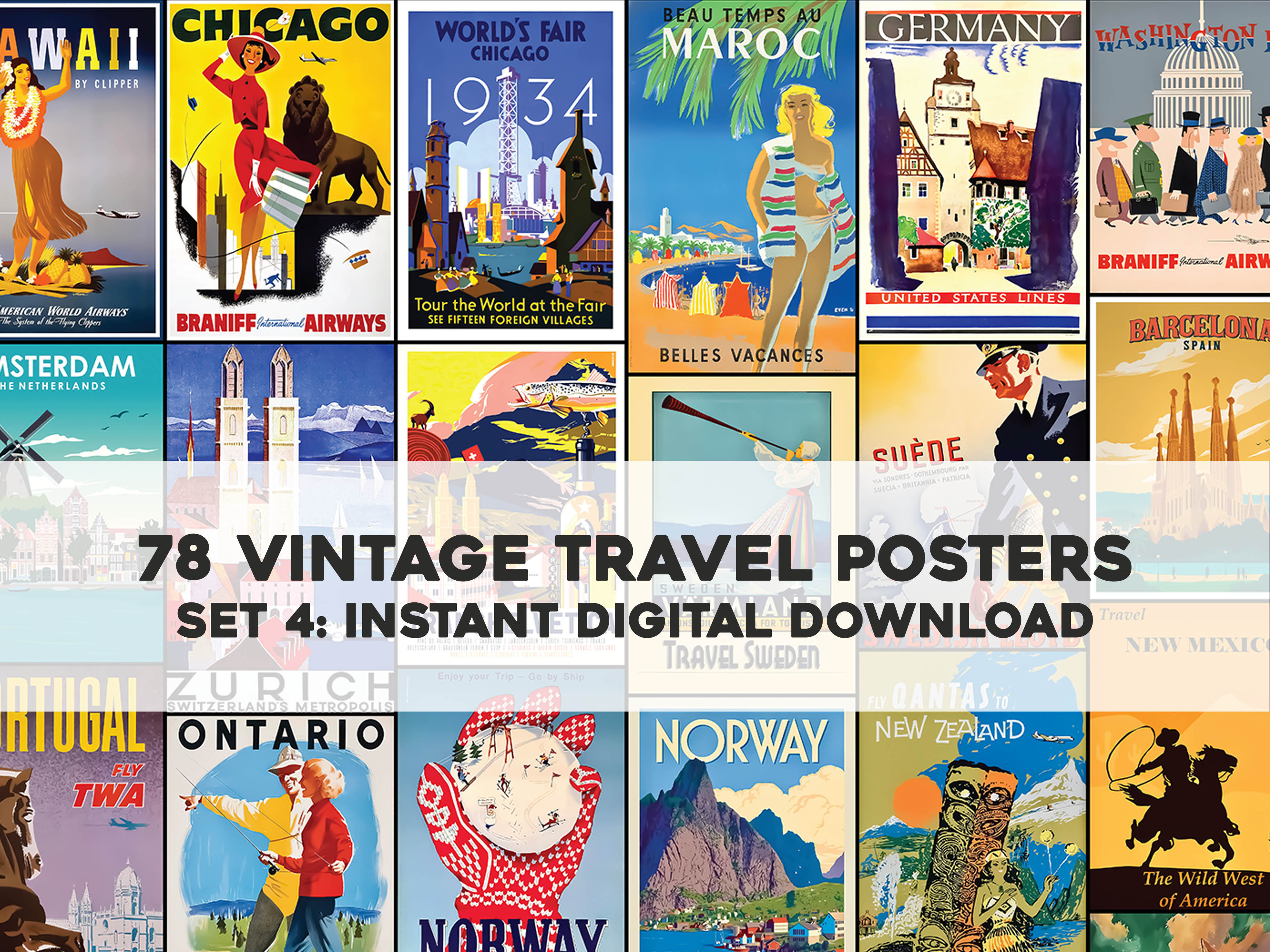 Vintage International Travel Posters Set 4 | Travel Poster & Postcard ...