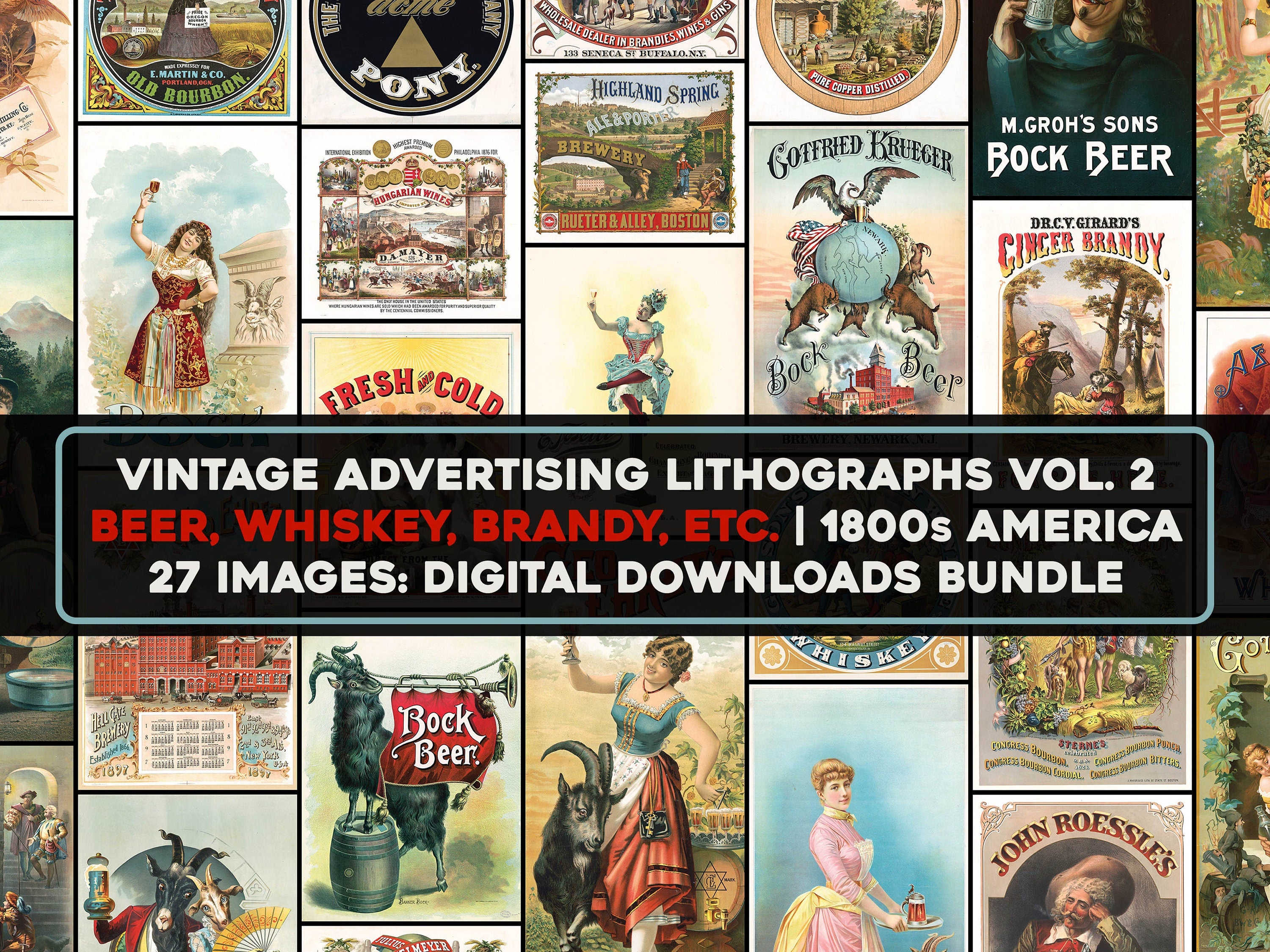 1800s Lithograph Print Advertisements Set 2 Beer Whiskey Brandy | Print ...